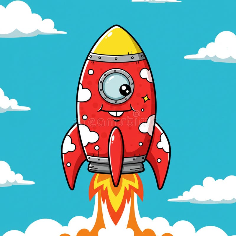 Cartoon Rocket with a Playful Expression, Featuring a Red Body and ...