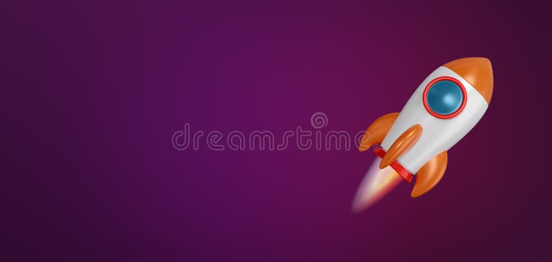 Cartoon Rocket on Purple Background. Flying Spaceship with Flame from ...