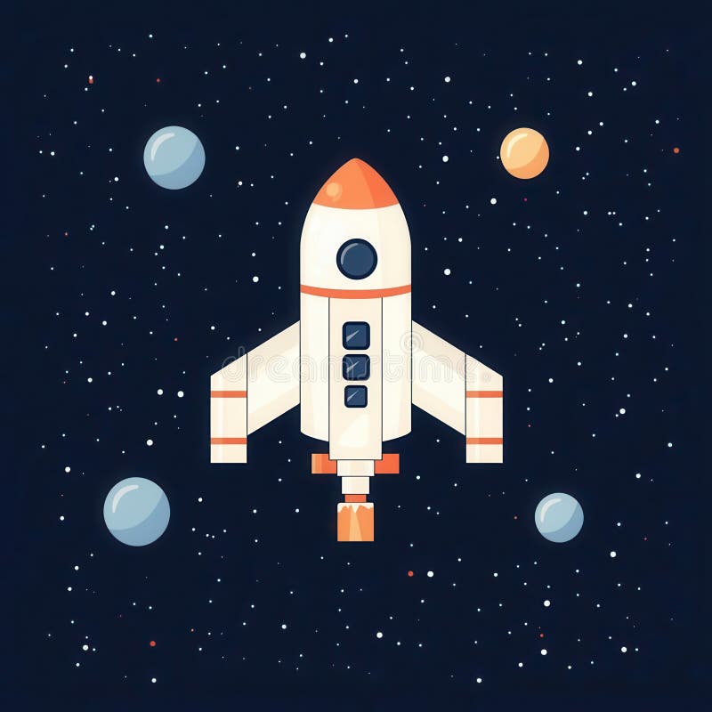 Cartoon Rocket Ship Flying through Space with Stars and Planets Stock ...