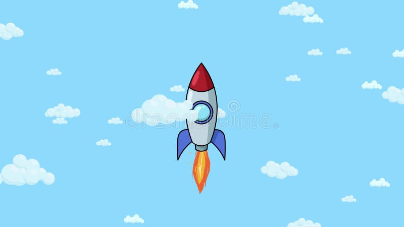 Cartoon Rocket Ship Flying Up through Cloudy Sky. Flat Animation Stock ...