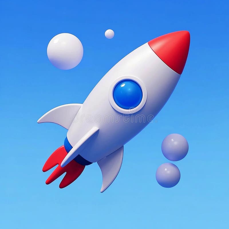 Cartoon Rocket Ship Launching into Blue Sky with Decorative Spheres ...