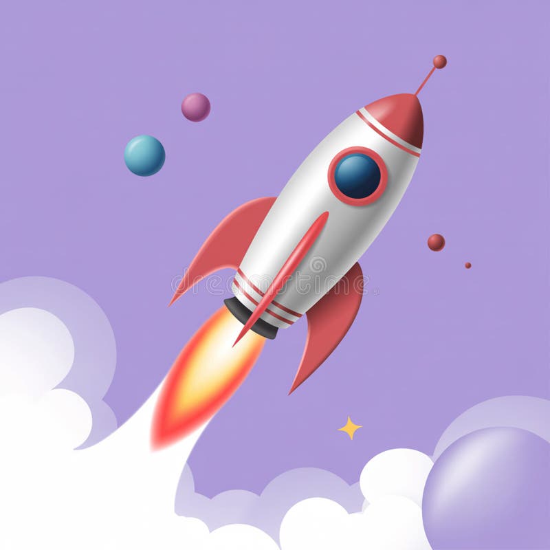 Cartoon Rocket Ship Launching into Space with Clouds and Planets Vector ...
