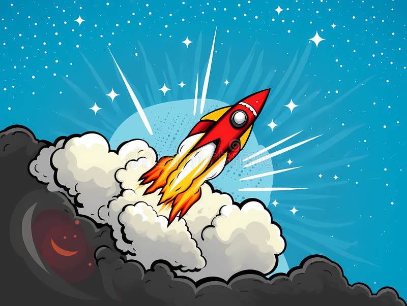 Cartoon Rocket Ship Flying through Clouds Stock Illustration ...