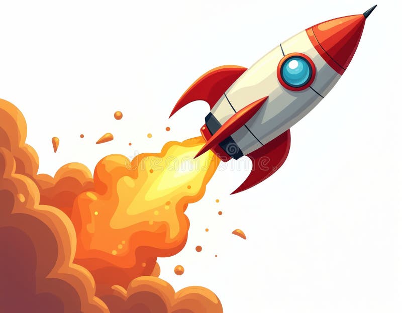 Cartoon Rocket Ship Taking Off with Fire Flames and Smoke Blast. Space ...