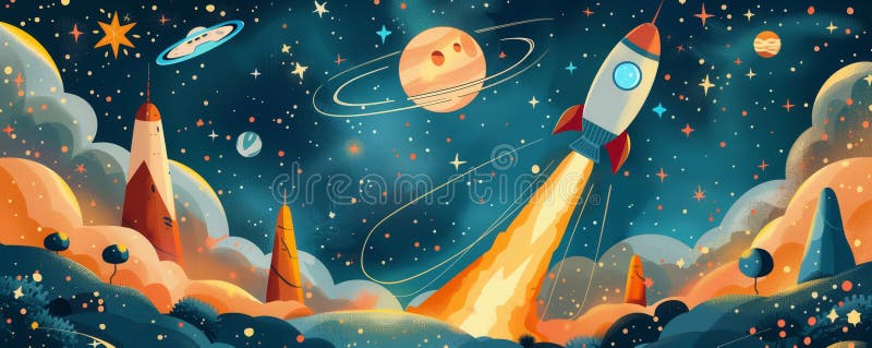 A Cartoon Rocket Soaring through Outer Space Stock Illustration ...