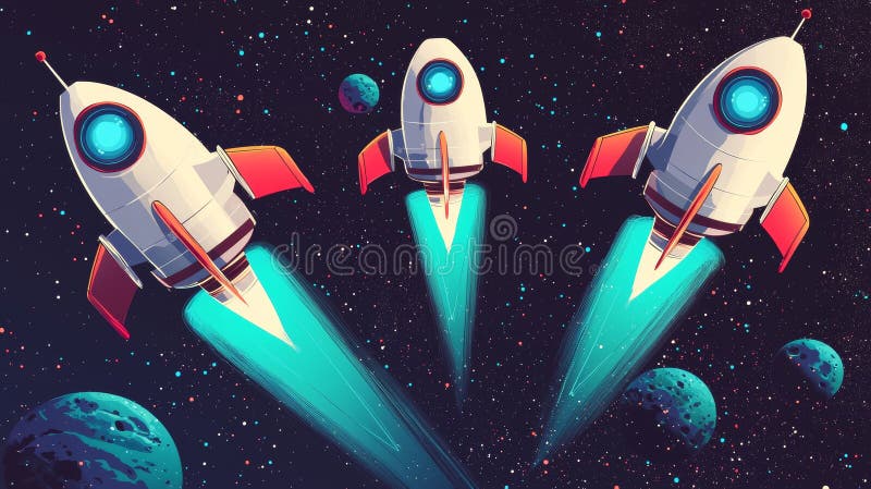 Cartoon Rocket Spaceships Take Off, Depicted in a Simple Retro Design ...