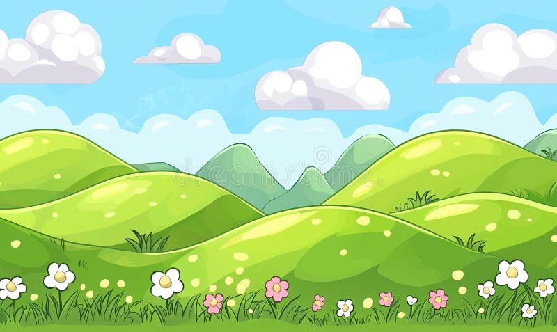 Cartoon Rolling Green Hills Landscape with Flowers, Clouds, and ...