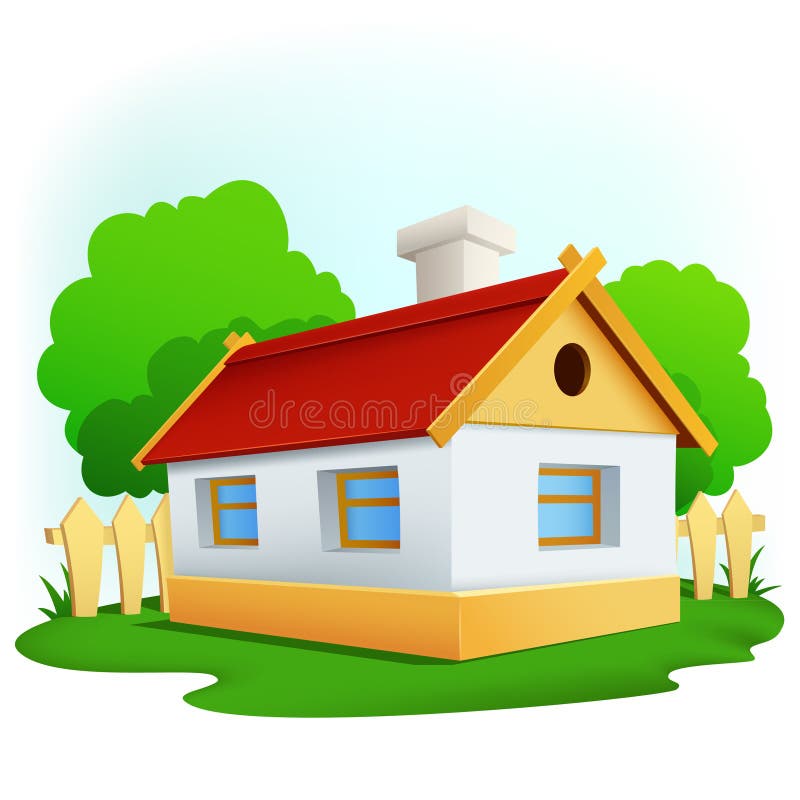 Cartoon Rural House with among Trees and Fence Stock Vector ...
