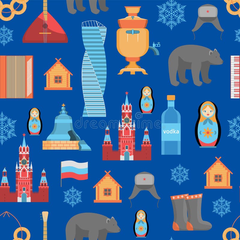 Cartoon Russian Traditional Items Seamless Pattern Background. Vector ...