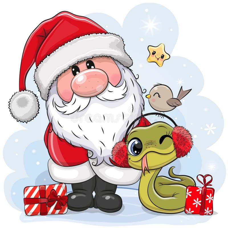 Cartoon Santa Claus with Snake on Blue Background Stock Illustration ...