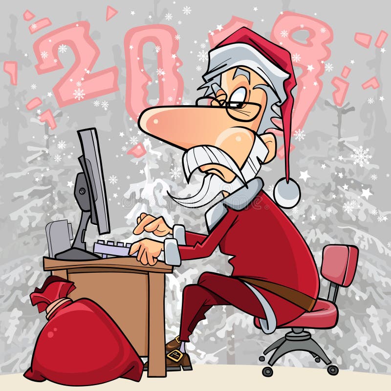 Cartoon Santa Claus Working at a Computer in the Woods 2018 Stock ...