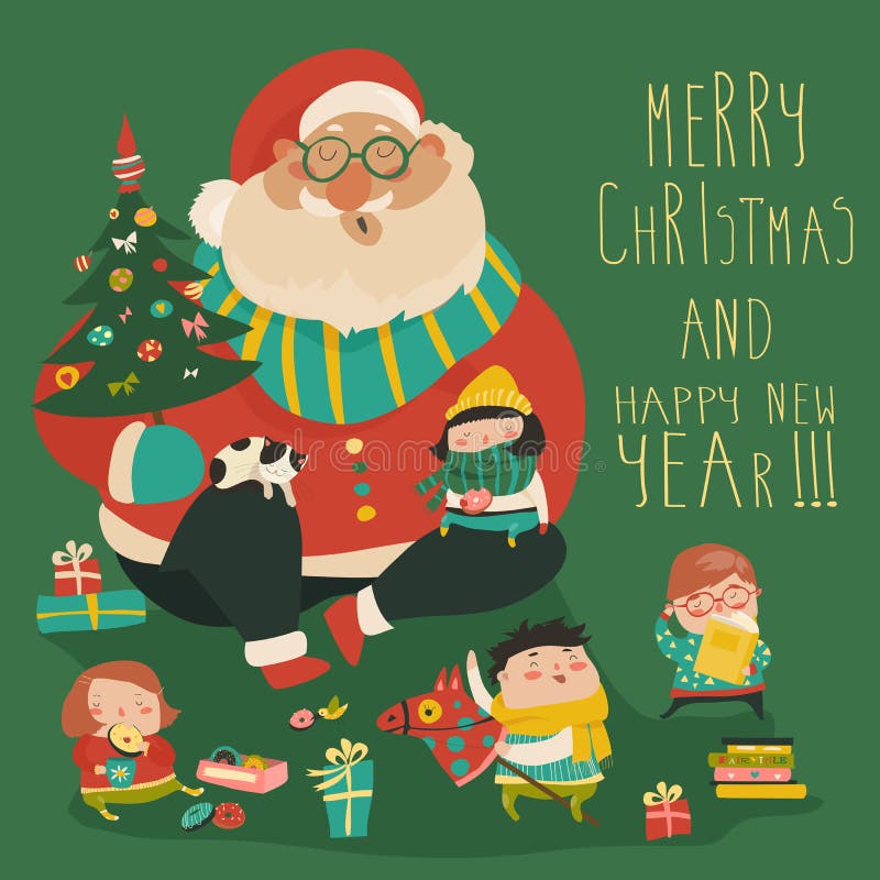 Cartoon Santa with kids stock vector. Illustration of drawing - 81404523