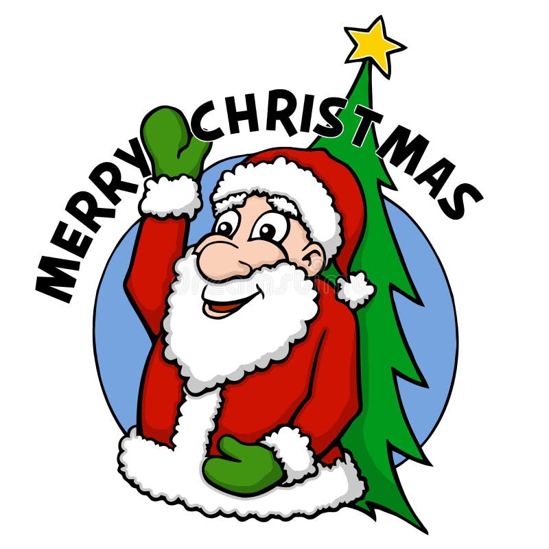 Cartoon Santa Waving with Christmas Tree Stock Vector - Illustration of ...