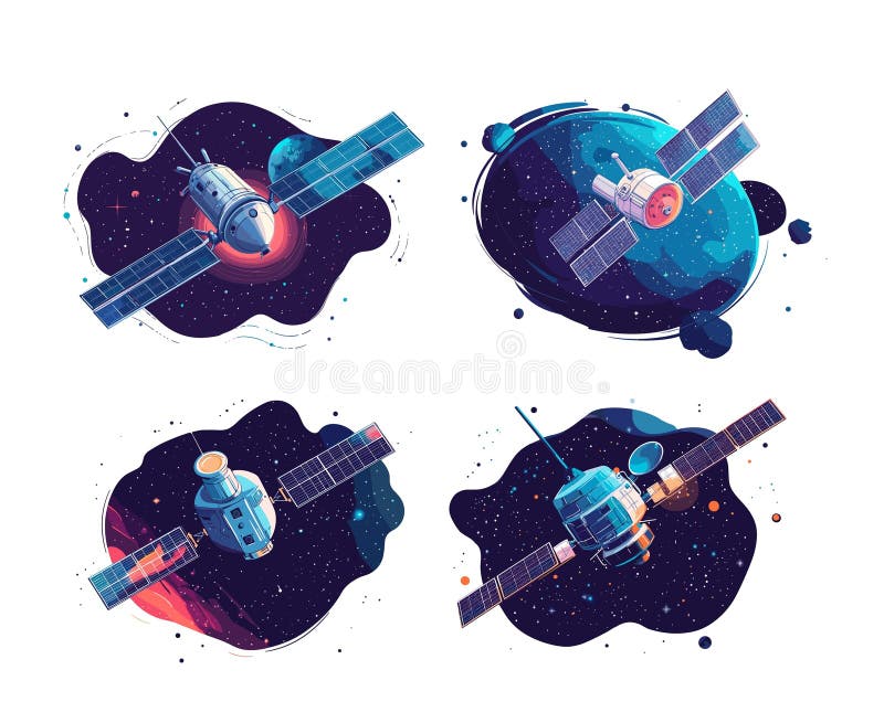 Cartoon Satellite in Outer Space. Flying Cosmic Gps Retranslation ...