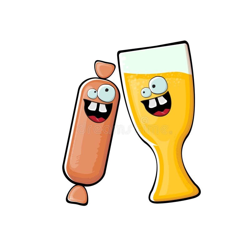Cartoon Sausage And Beer Characters Isolated On White Background Funky