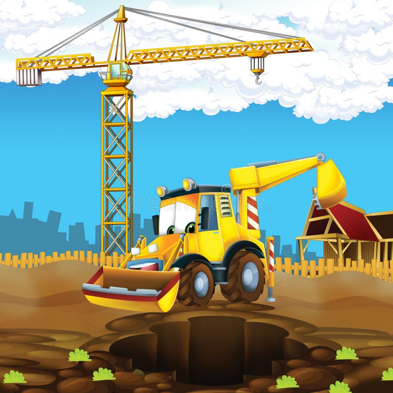 Cartoon Scene of Construction Site with Excavator Digger for Different ...