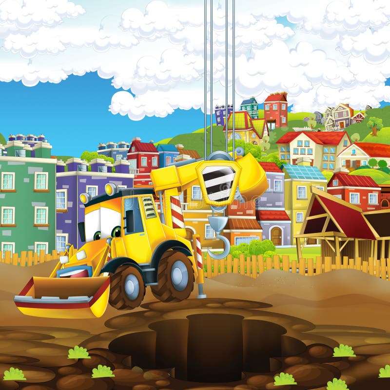 Cartoon Scene of Construction Site with Excavator Digger for Different ...