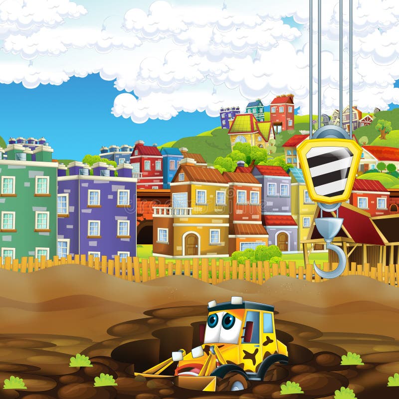 Cartoon Scene of Construction Site with Excavator Digger for Different ...