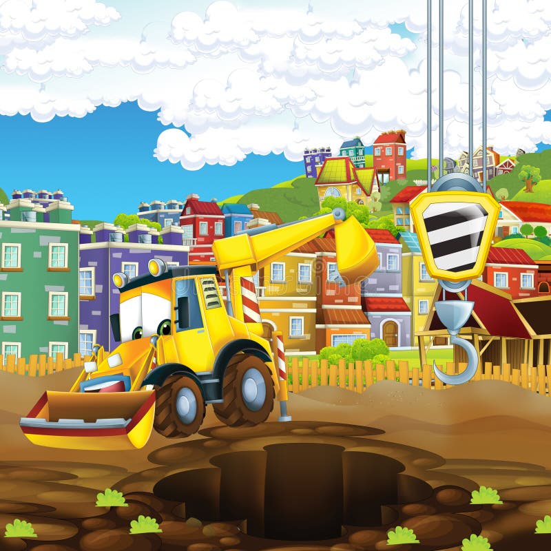 Cartoon Scene of Construction Site with Excavator Digger for Different ...