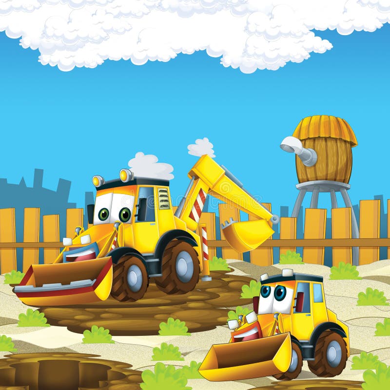 Cartoon Scene of Construction Site with Excavator Digger for Different ...