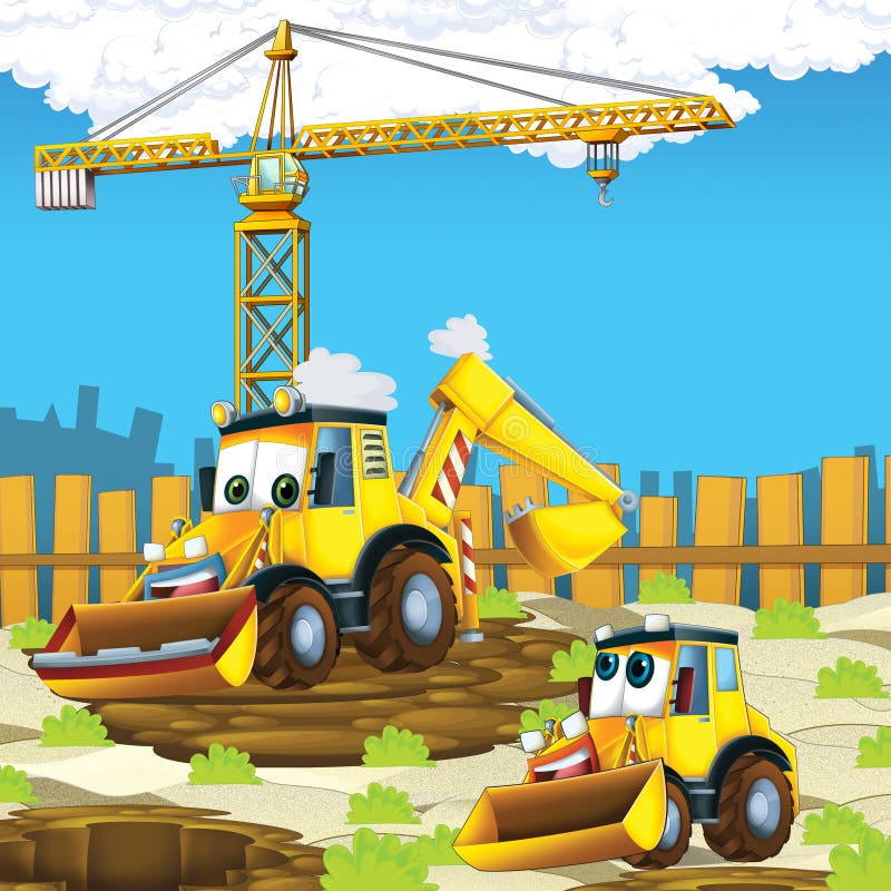 Cartoon Scene of Construction Site with Excavator Digger for Different ...