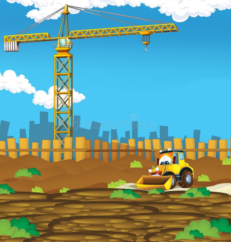 Cartoon Scene of Construction Site with Excavator Digger for Different ...