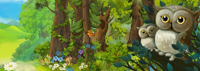 Cartoon Scene in the Deep Forest with Owl Sitting and Looking ...