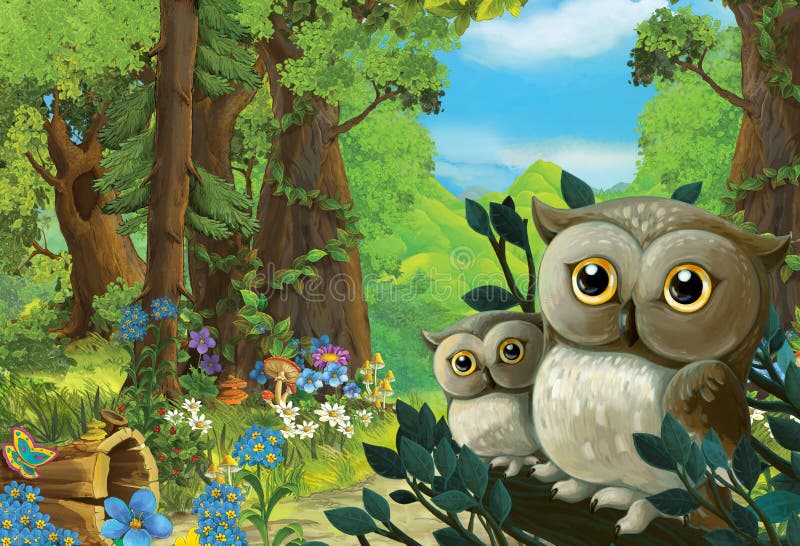 Cartoon Scene in the Deep Forest with Owl Sitting and Looking ...