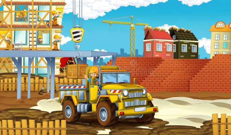 Cartoon Scene with Different Happy Construction Site Vehicles Stock ...