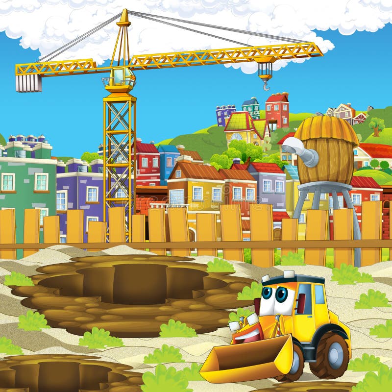 Cartoon Scene with Digger Excavator or Loader on Construction Site ...