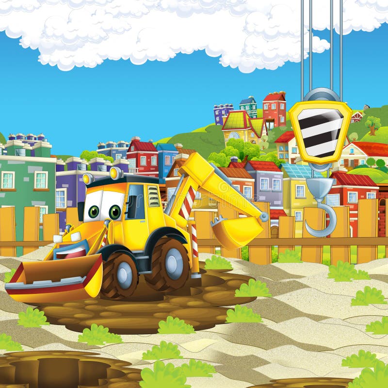 Cartoon Scene with Digger Excavator or Loader on Construction Site ...