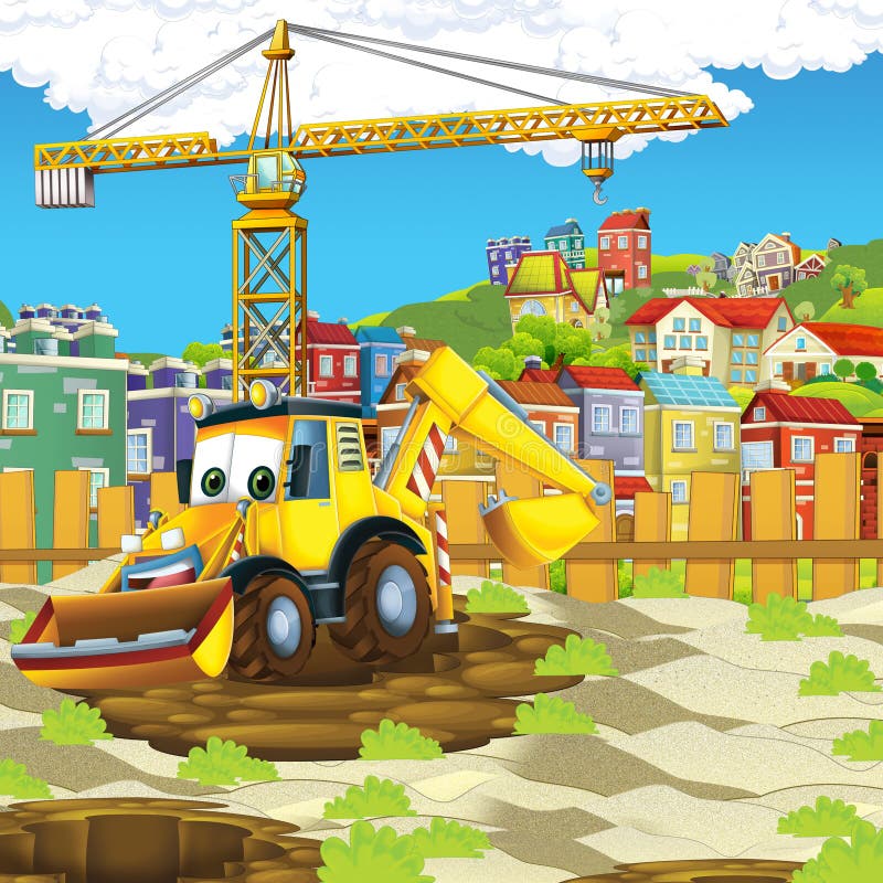 Cartoon Scene with Digger Excavator or Loader on Construction Site ...