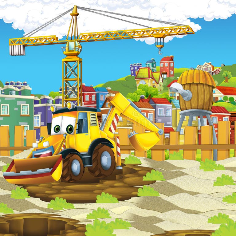 Cartoon Scene with Digger Excavator or Loader on Construction Site ...