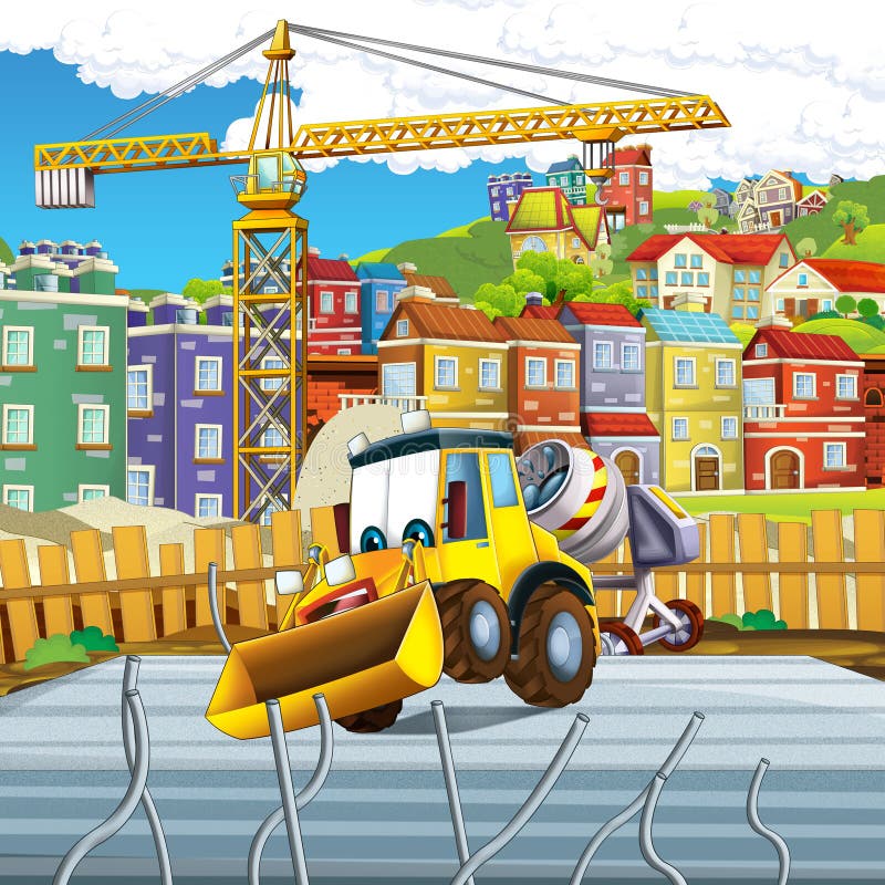 Cartoon Scene with Digger Excavator or Loader on Construction Site ...
