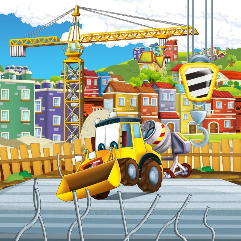 Cartoon Scene with Digger Excavator or Loader on Construction Site ...