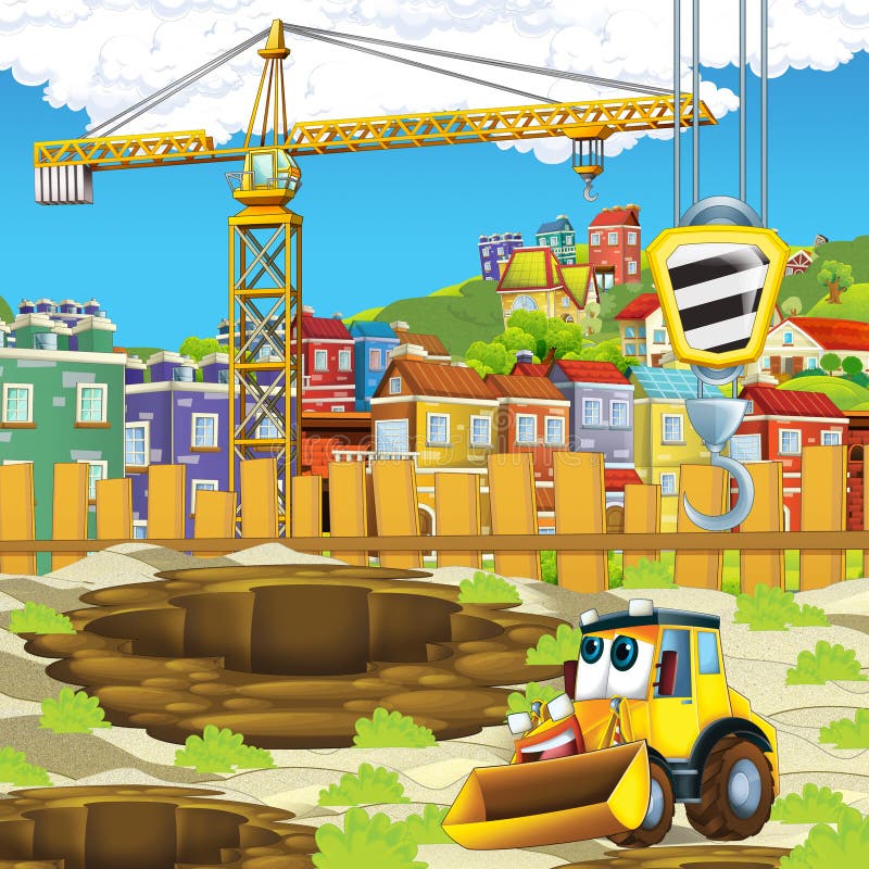 Cartoon Scene with Digger Excavator or Loader on Construction Site ...