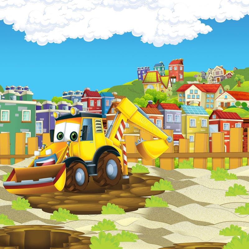 Cartoon Scene with Digger Excavator or Loader on Construction Site ...