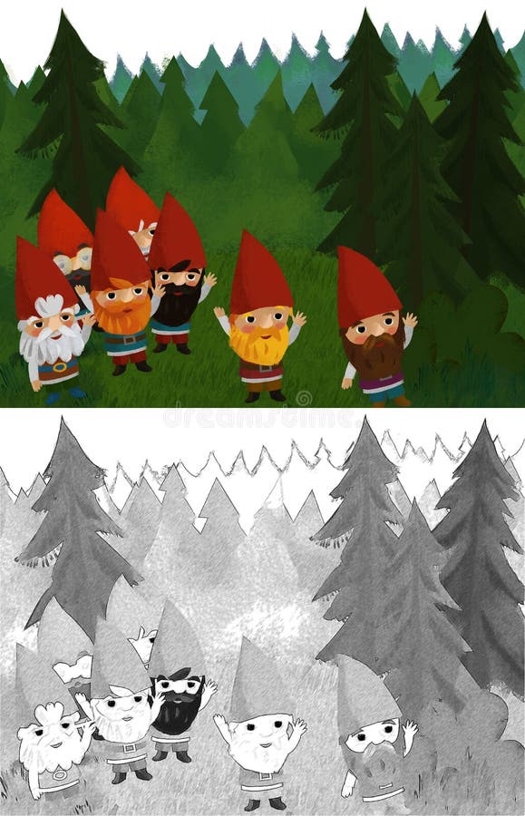 Cartoon Scene with Dwarfs in the Forest Meadow Illustration Stock ...