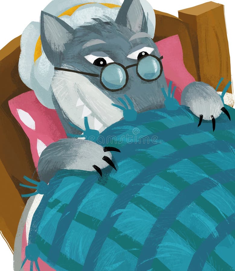 Cartoon Scene with Evil Wolf Spying in Bed Illustration for Children ...