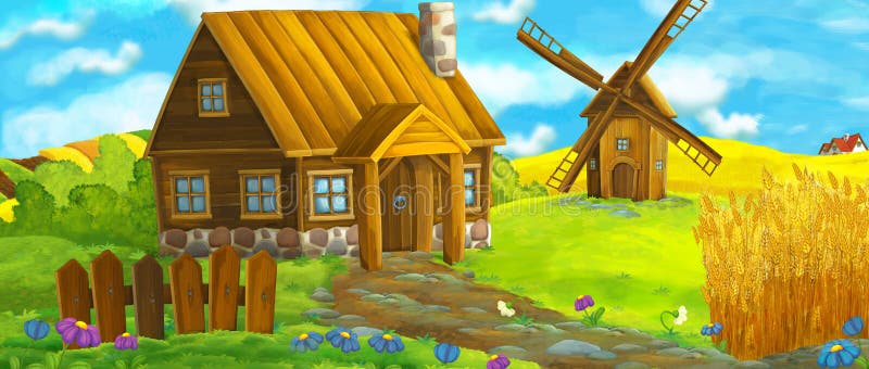 Cartoon Scene Farm Ranch Fields Flying Owl Illustration Stock ...