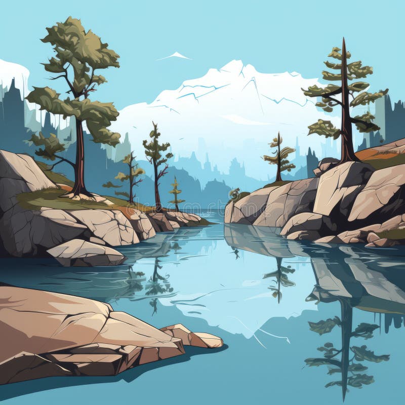 Colorful Cartoon Landscape with Reflective Water and Rocks Stock ...