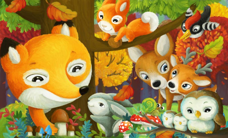 Cartoon Scene Forest Animals Friends Having Fun Cheerful Artistic ...