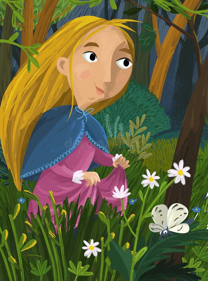 Cartoon Scene With Girl Princess In The Forest Stock Illustration
