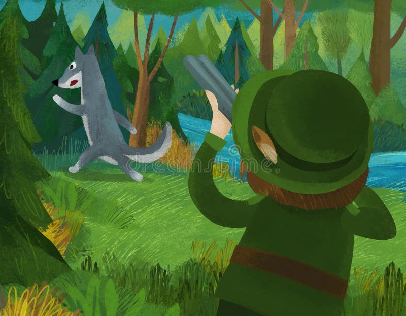 Cartoon Scene with Hunter Forester Hunting Wolf in the Forest ...
