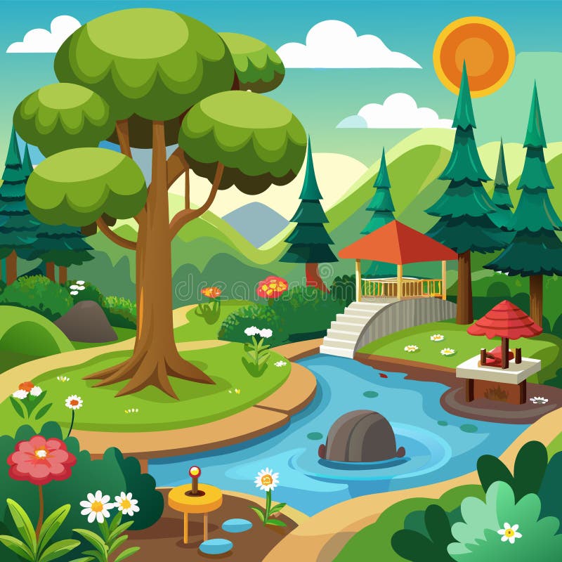 Cartoon Scene of Nature Park and Forest Stock Illustration ...