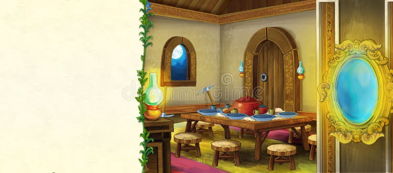 Cartoon Scene with Old Traditional Kitchen - with Frame and Space for ...