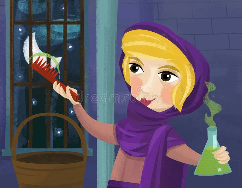 Cartoon Scene with Old Witch in the Room with Magic Potion Illustration ...