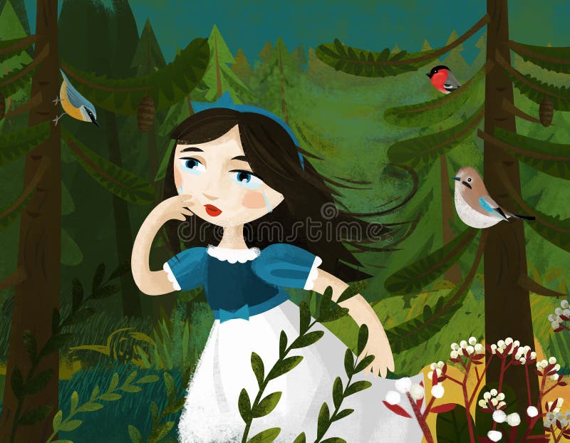 Cartoon Scene with Princess in the Forest Alone Illustration Stock ...
