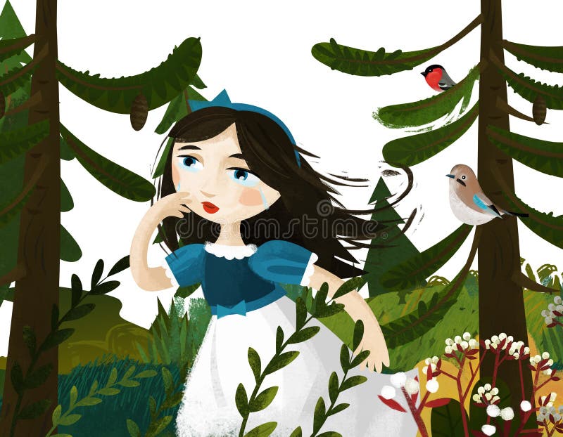 Cartoon Scene with Princess in the Forest Alone Illustration Stock ...