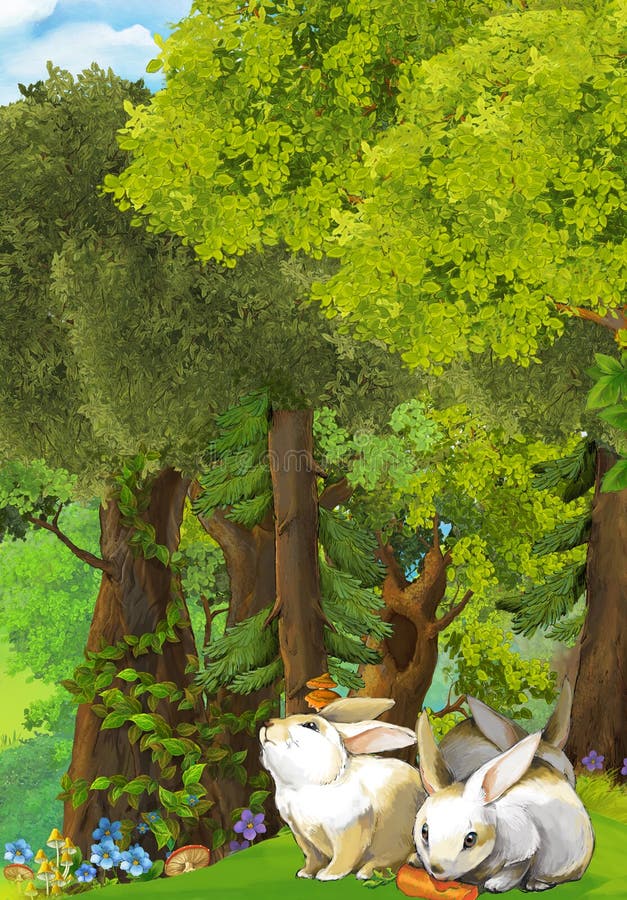 Cartoon Scene with Rabbit with Nature Forest with Path Illustration ...